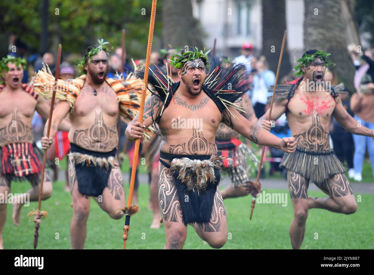 New Zealand Maori perform a haka at an Anzac Day service at Redfern ...