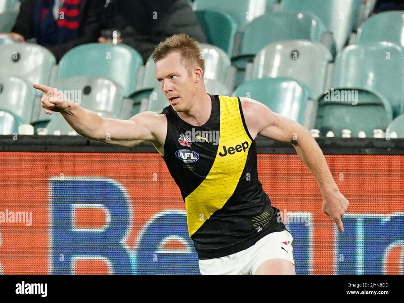 Jack Riewoldt of the Tigers celebrates after kicking a goal during the ...