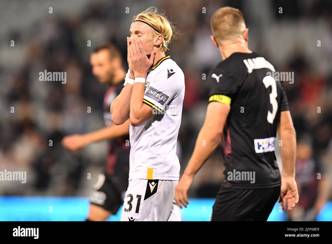 Lachlan Rose of Macarthur reacts after a missed opportunity during the ...