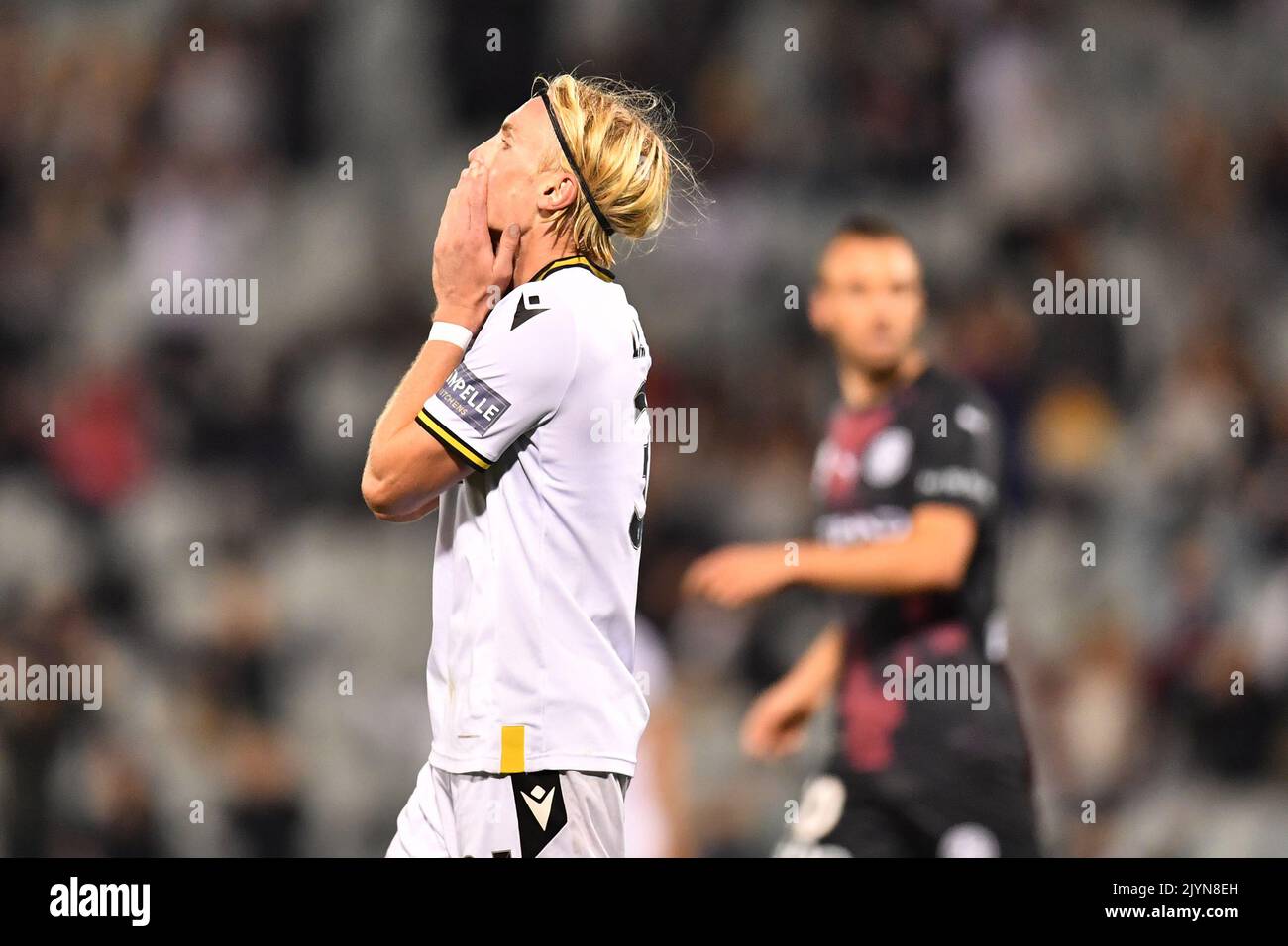 Lachlan Rose of Macarthur reacts after a missed opportunity during the ...