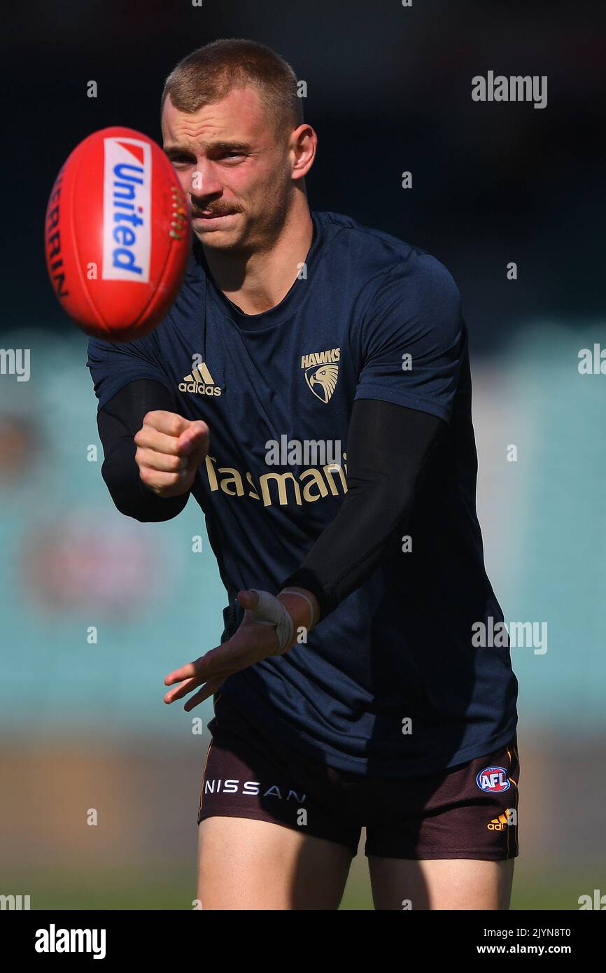 James Worpel of Hawthorn warms up ahead of the Round 6 AFL match ...