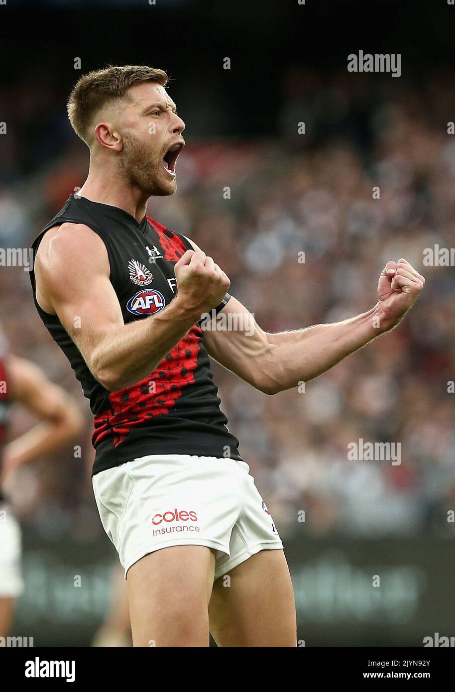 Jayden Laverde of the Bombers celebrates a goal during the Round 6 AFL ...