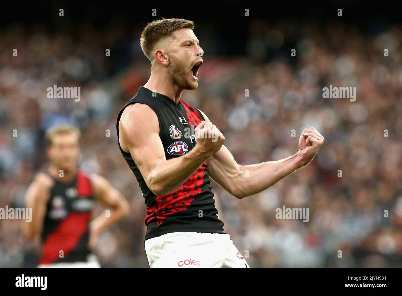 Jayden Laverde of the Bombers celebrates a goal during the Round 6 AFL ...