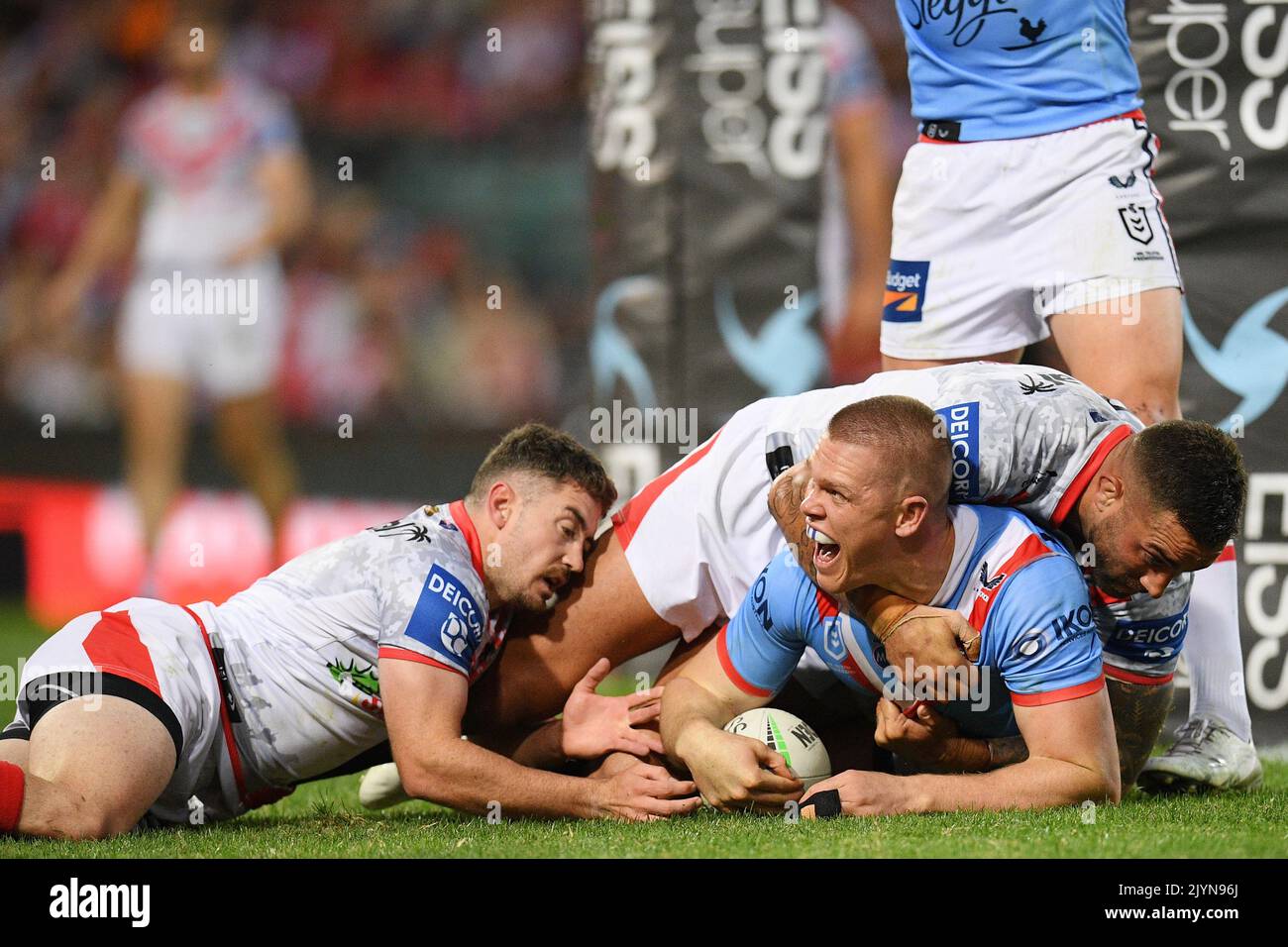 Lindsay Collins of the Roosters celebrates after scoring a try during ...