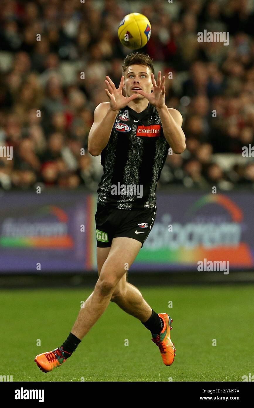 Josh Thomas of the Magpies takes a mark during the Round 6 AFL match ...