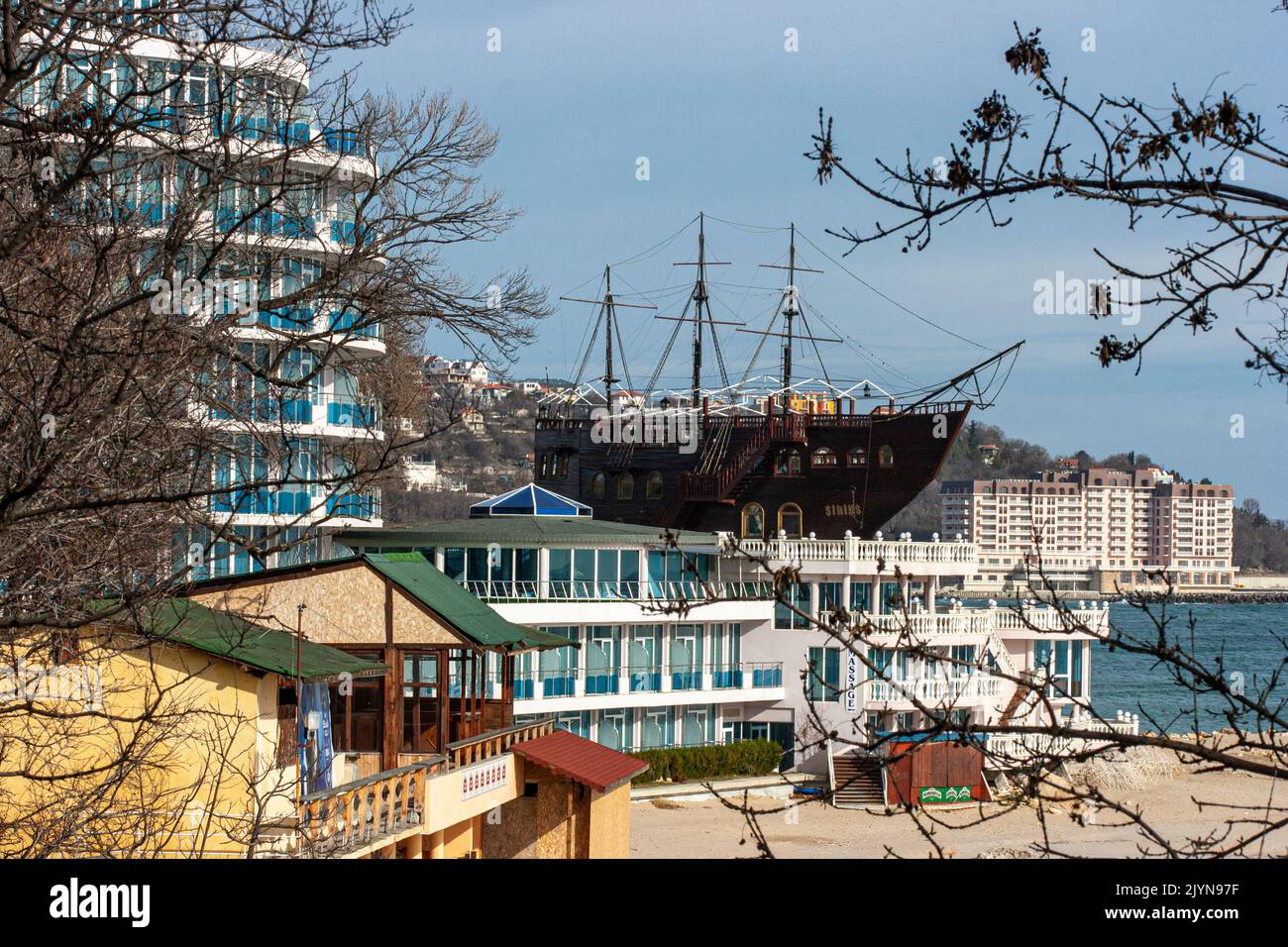 Varna, modern architecture, Sunny day beach, (Slunchev Den), Black sea ...