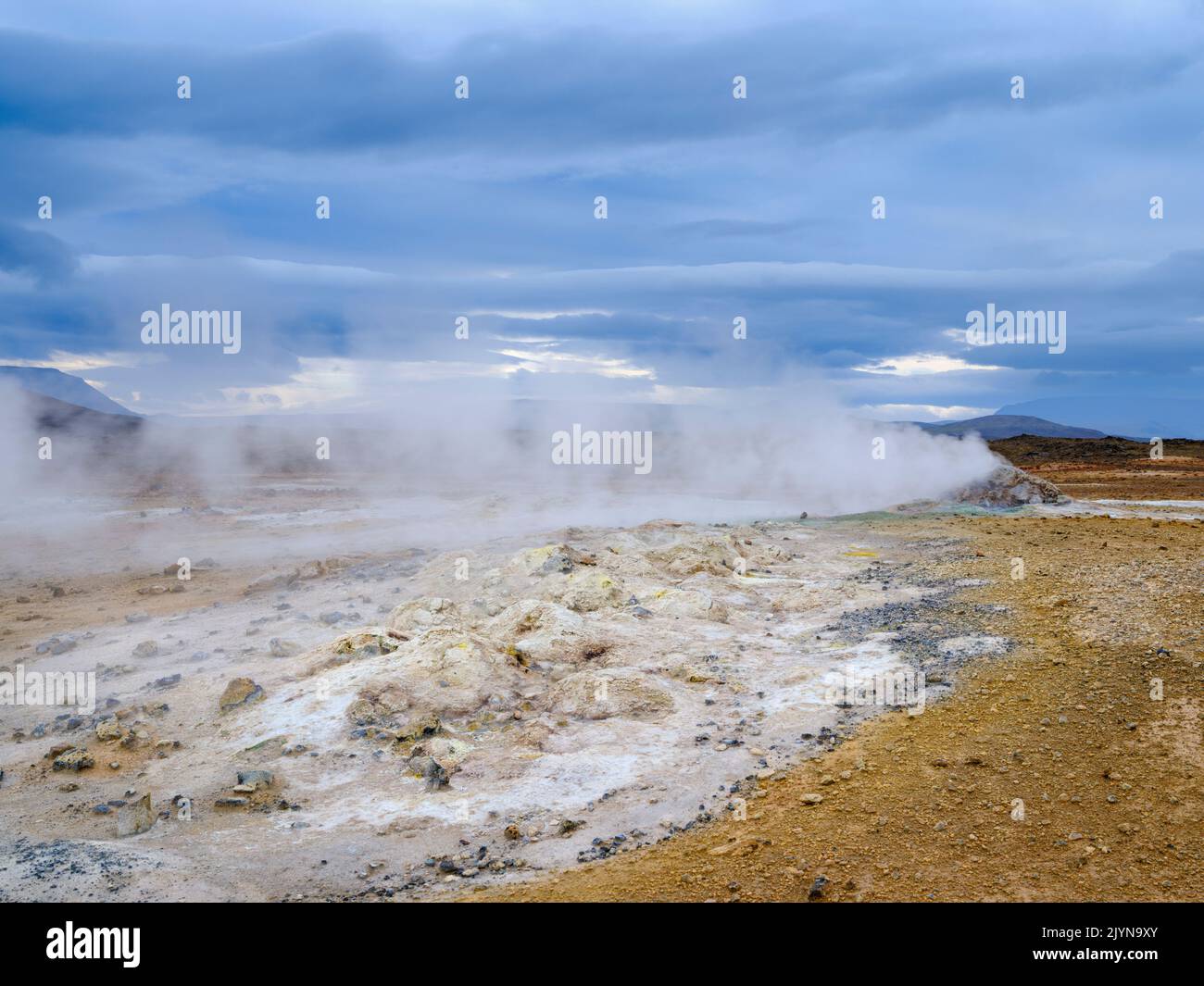 Geothermal area Hveraroend or Namaskard. Landscape at lake Myvatn ...