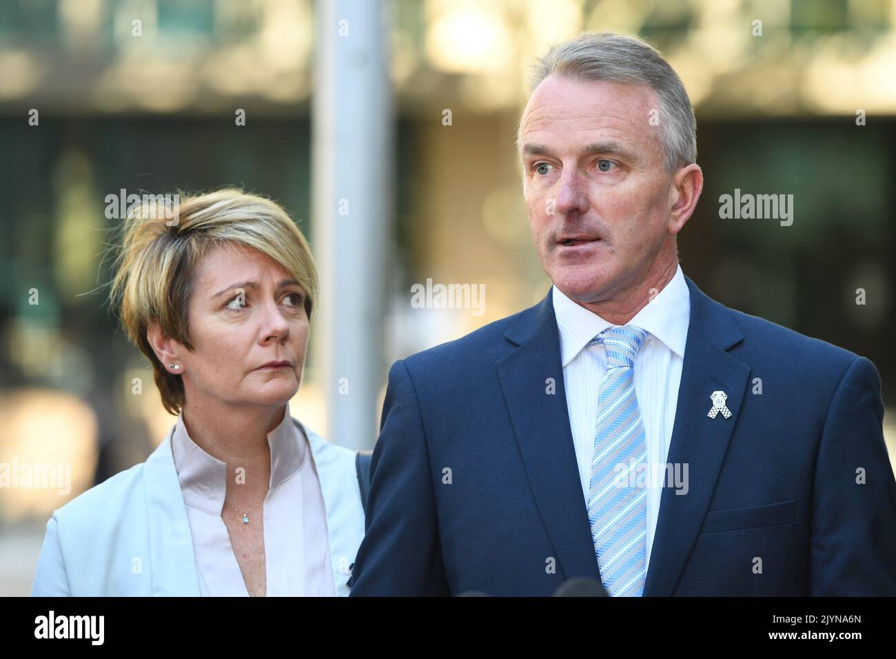 Father of Josh Prestney, Andrew Prestney (right) speaks to the media ...