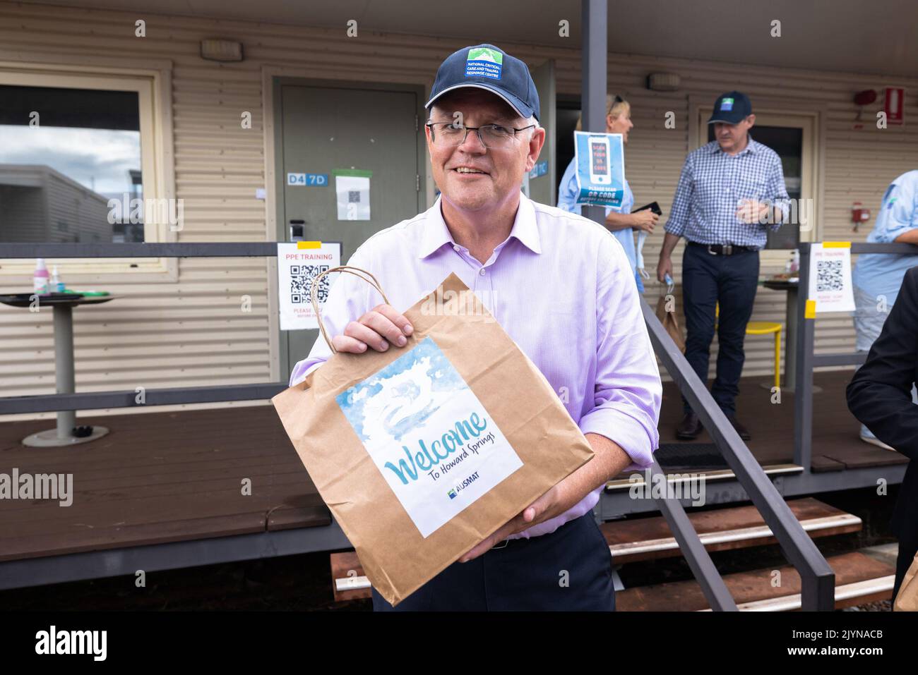Prime Minister Scott Morrison during a tour of the Howard Springs ...