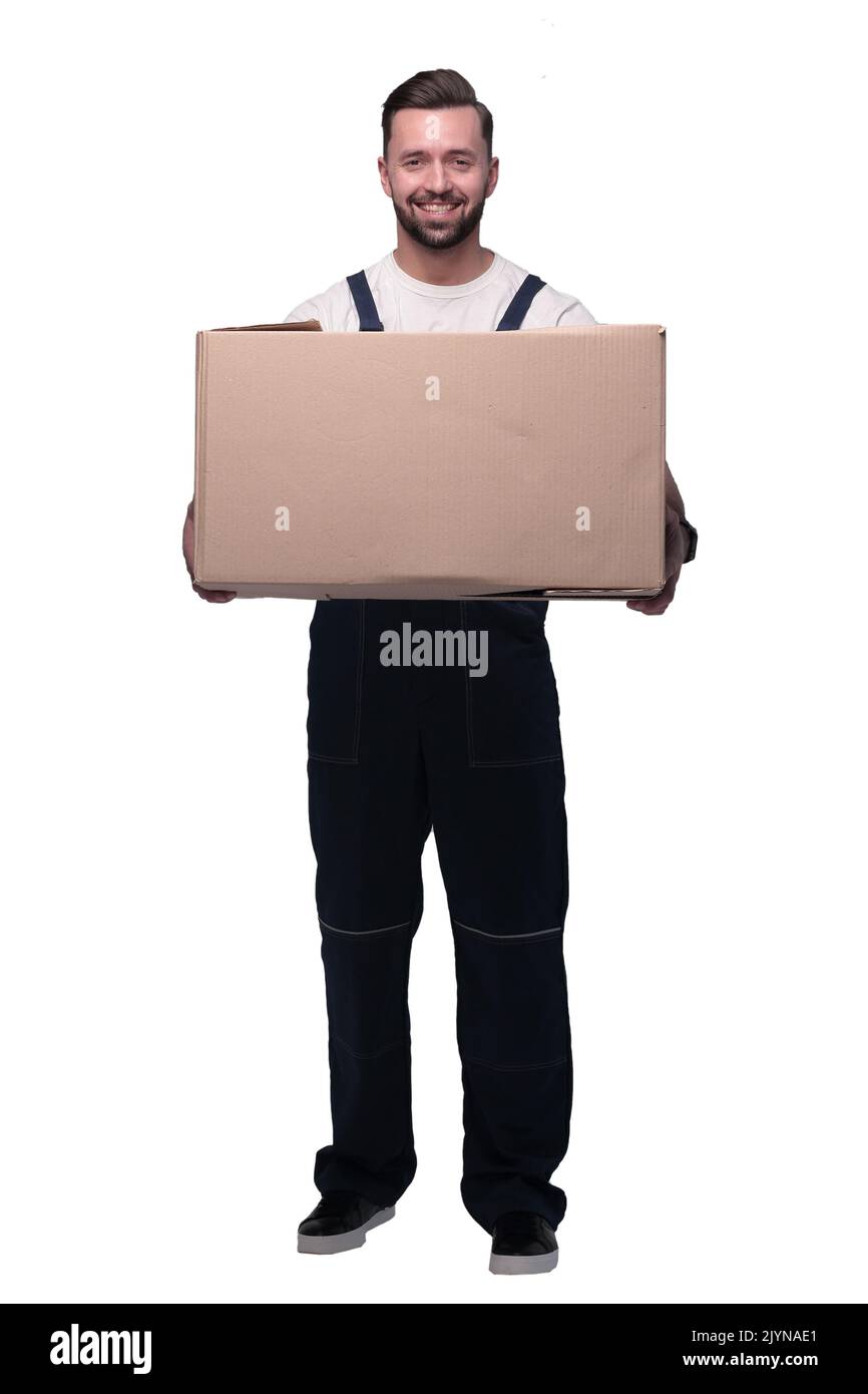 rear view. a young man with a cardboard box looking at the camera Stock ...