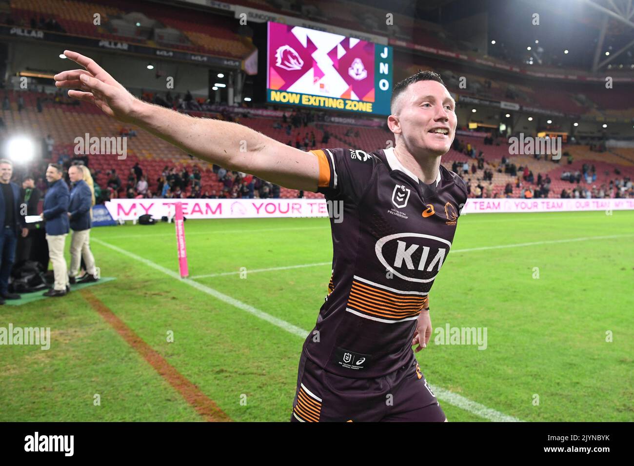 Tyson Gamble of the Broncos celebrates winning the Round 8 NRL match ...
