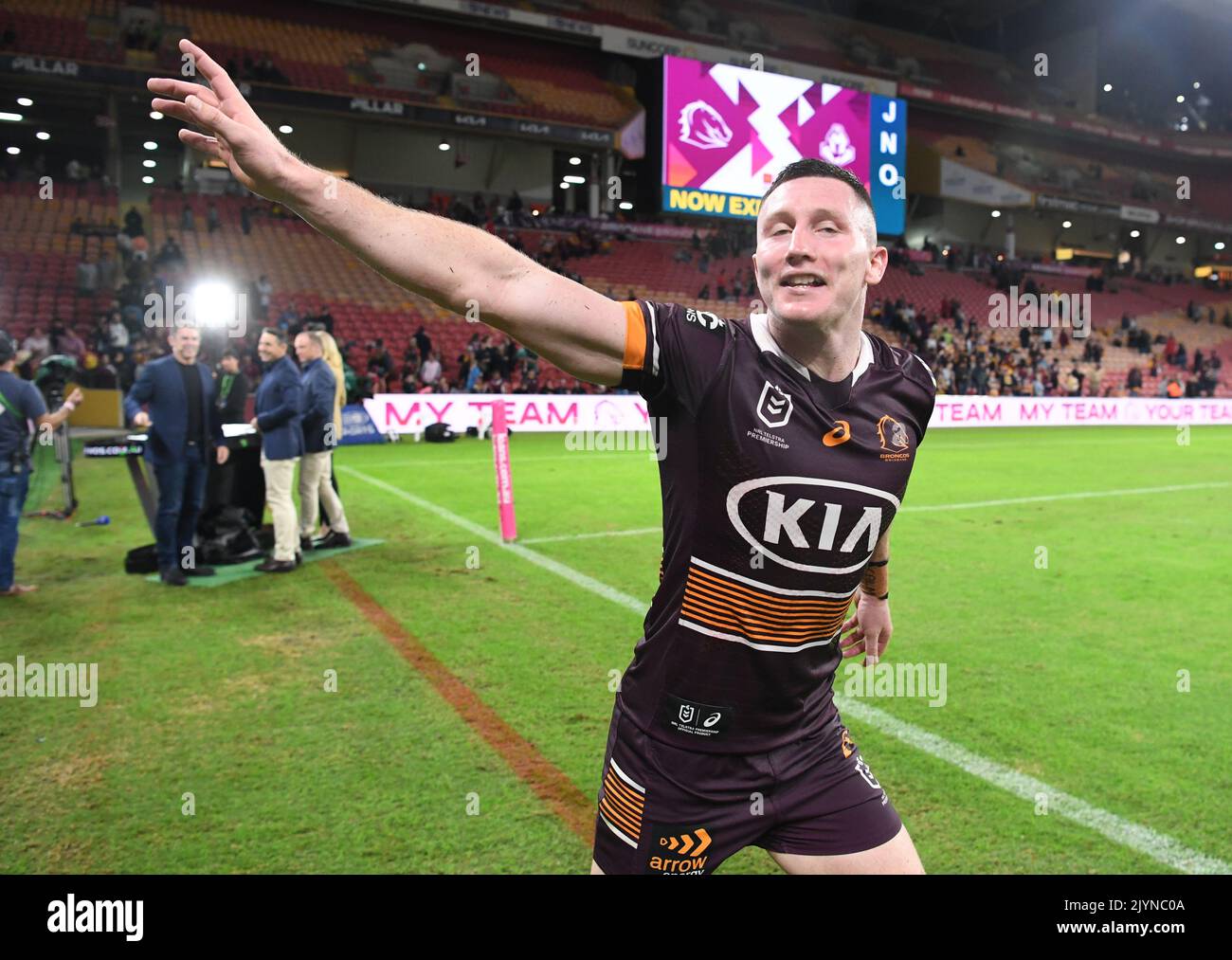 Tyson Gamble of the Broncos celebrates winning the Round 8 NRL match ...