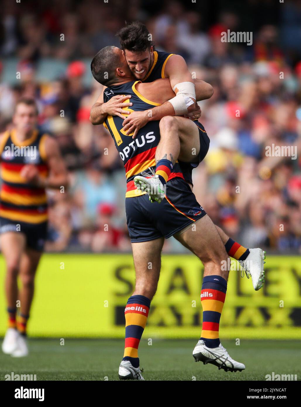 Lachlan Murphy of the Crows celebrates a goal with teammate Taylor ...