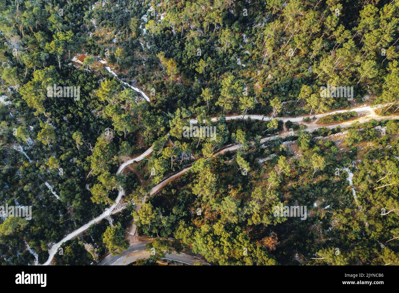 Top-down aerial view over a tropical island on the Adriatic coastline ...