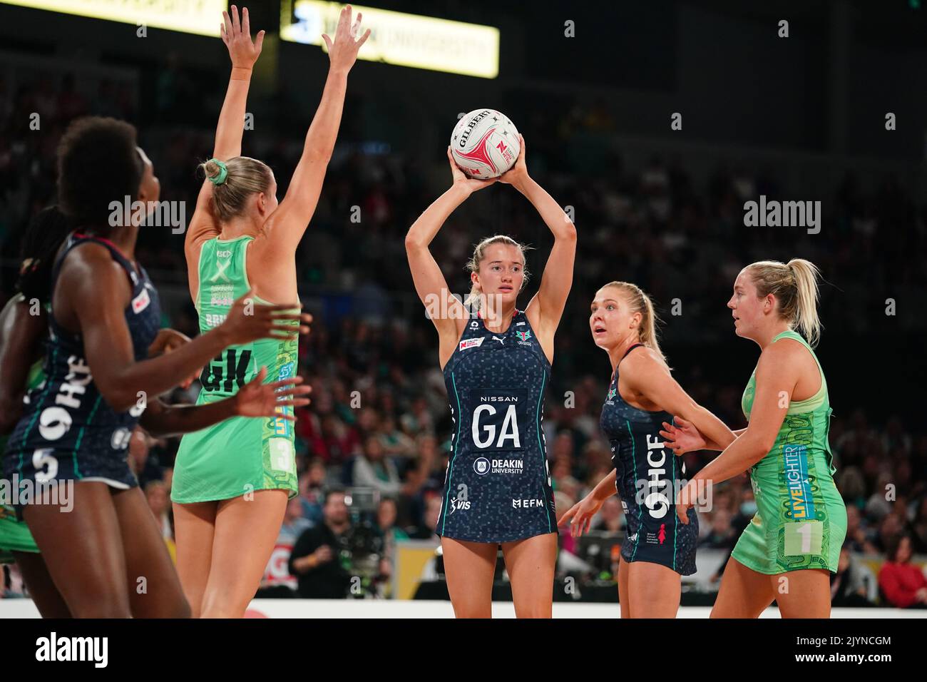 Ruby Barkmeyer of the Vixens competes for the ball during the Round 1 ...
