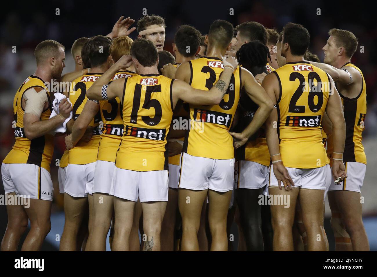 Ben McEvoy of the Hawks (top) speaks to his players before the Round 7 AFL match between the St ...
