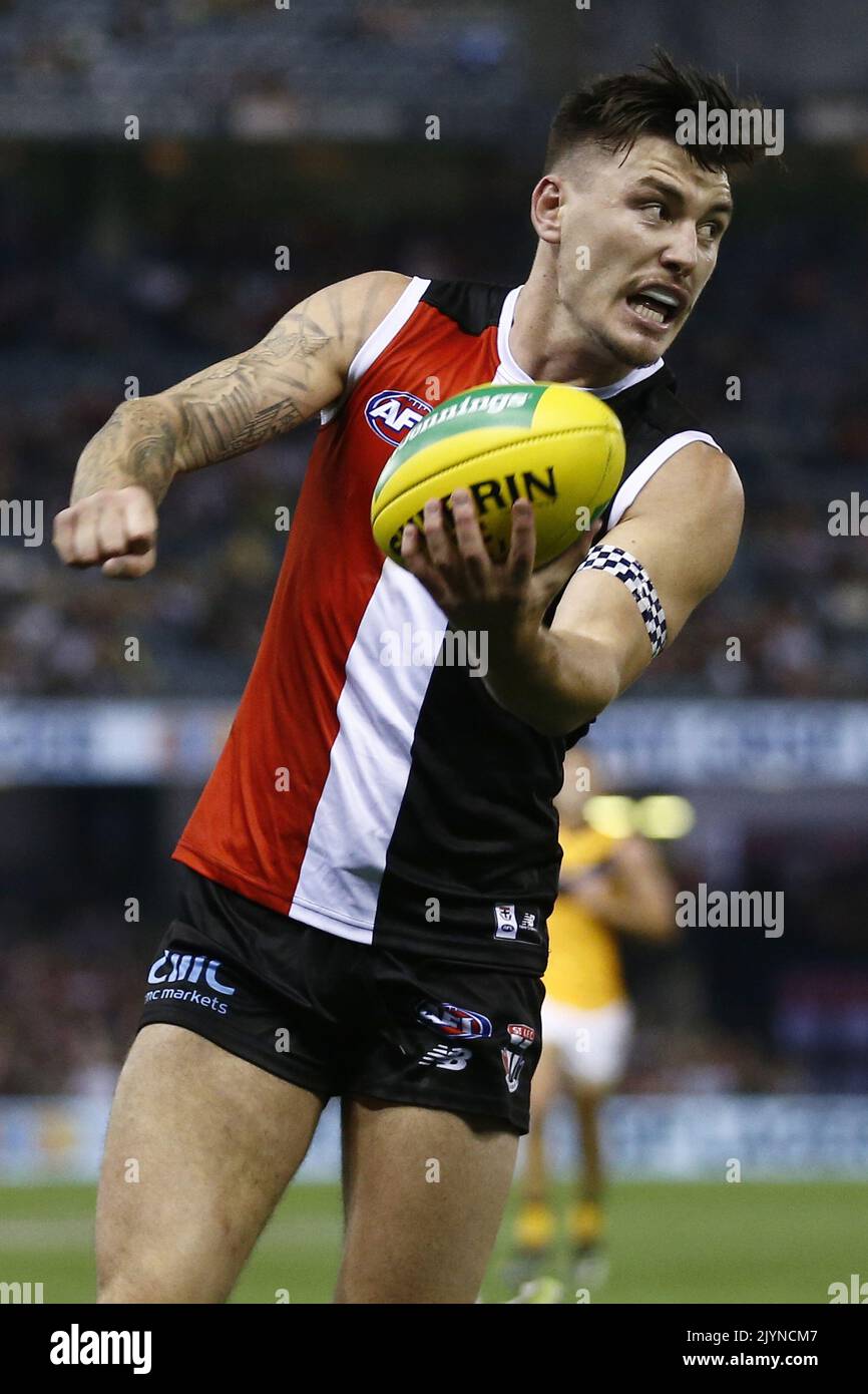 Josh Battle of the Saints handballs during the Round 7 AFL match ...