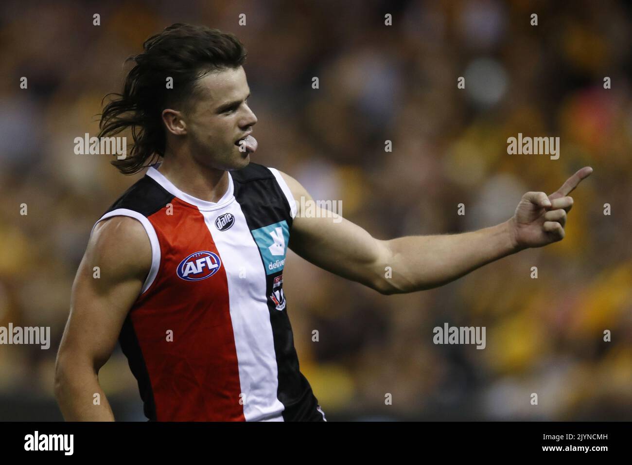 Jack Sinclair of the Saints celebrates a goal during the Round 7 AFL ...
