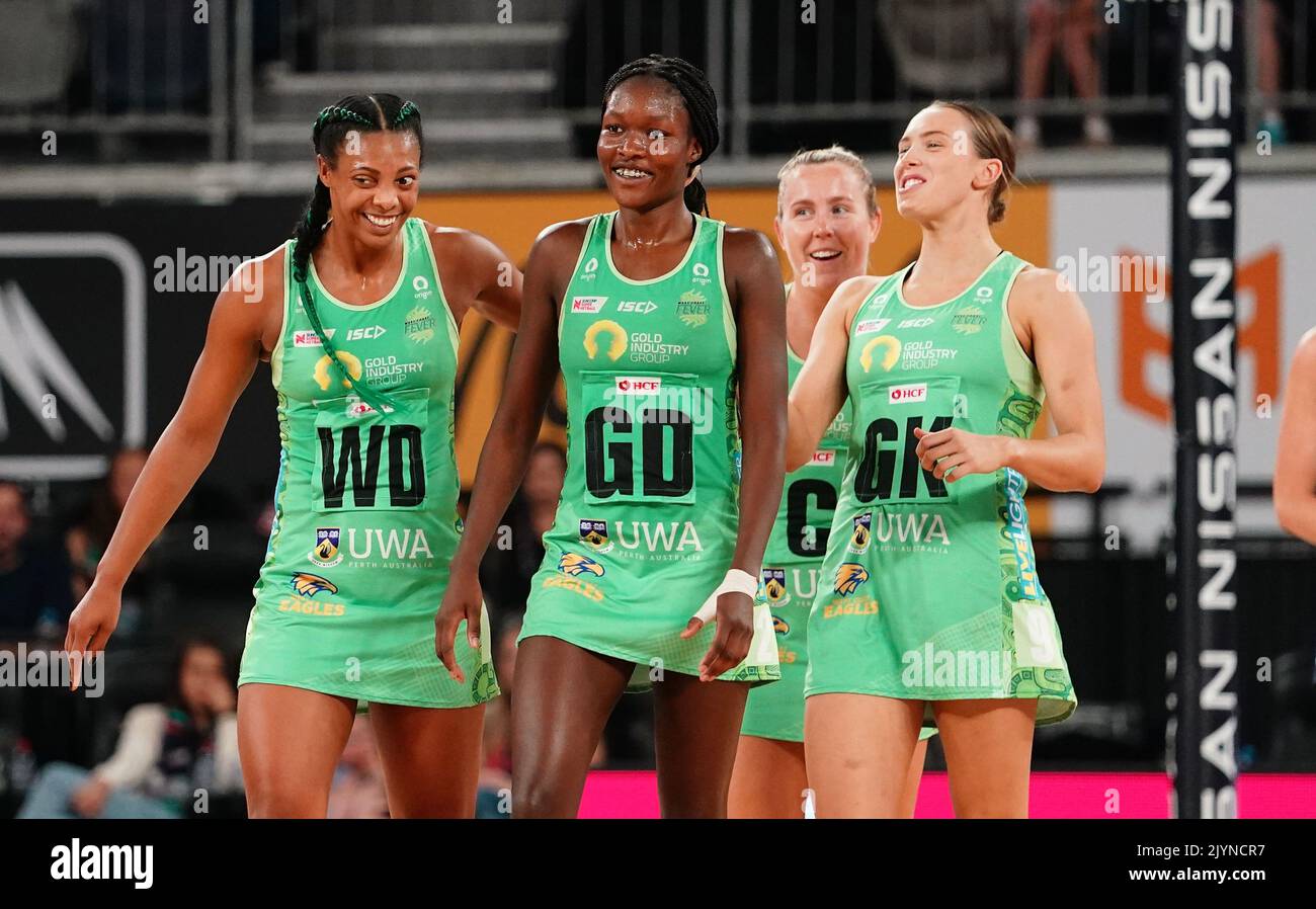 Stacey Francis and Sunday Aryang of the Fever celebrate during the ...