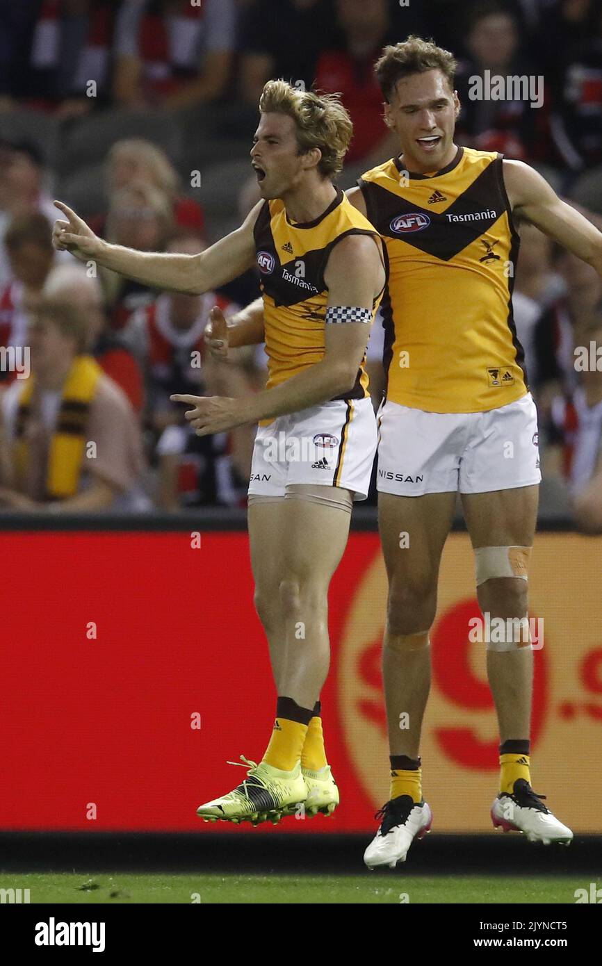 Oliver Hanrahan of the Hawks (left) celebrates a goal during the Round ...