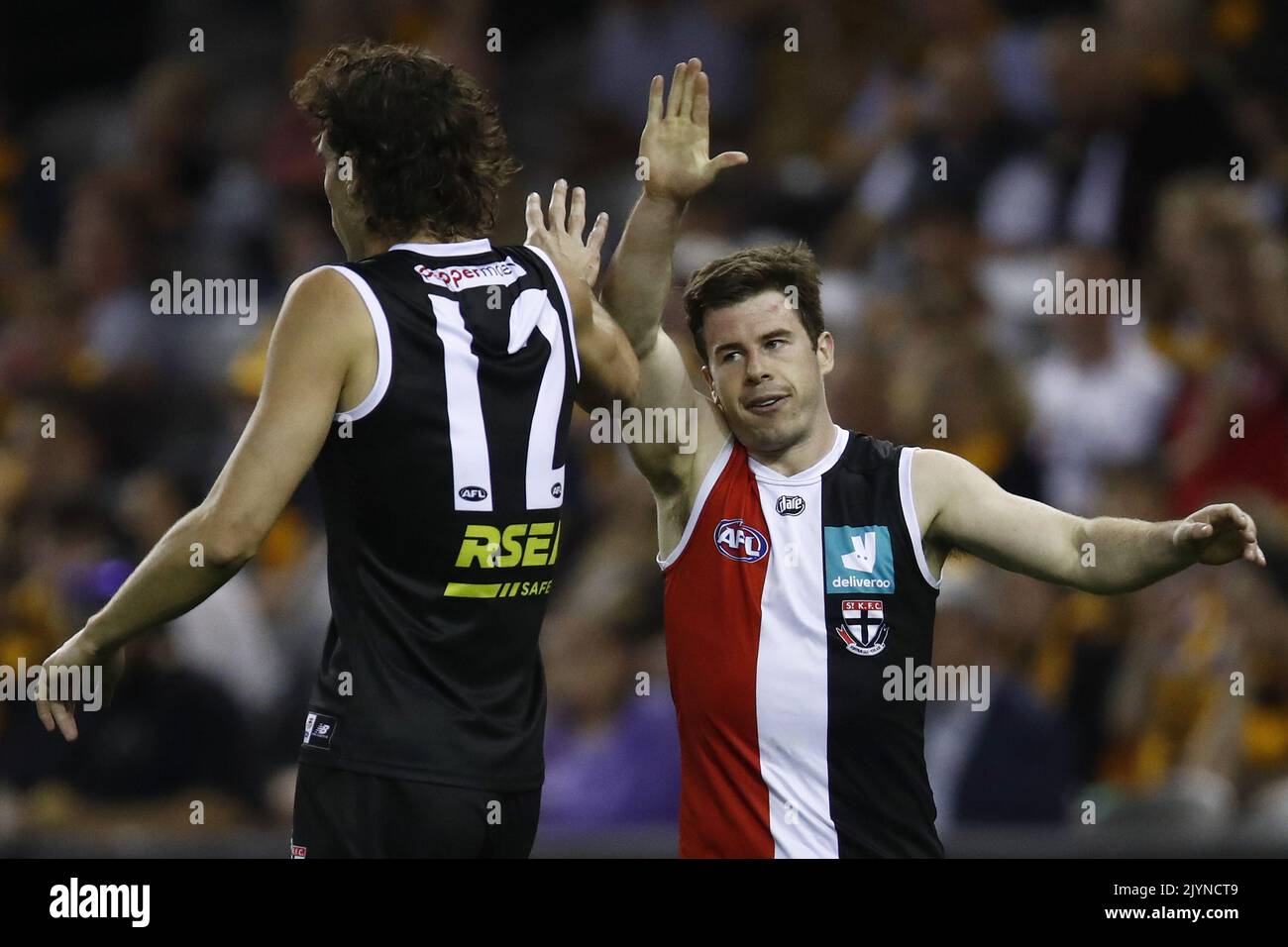 Jack Higgins of the Saints (right) celebrates a goal during the Round 7 ...