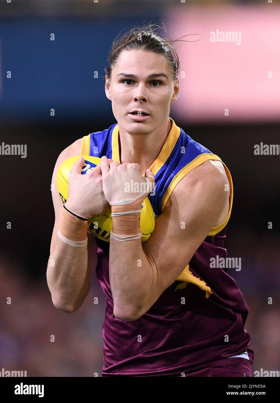 Eric Hipwood of the Lions takes a mark during the Round 7 AFL match ...