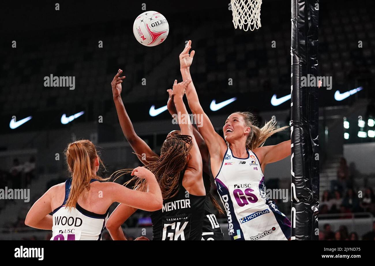 Cara Koenen of the Lightning competes for the ball during the Round 1 ...