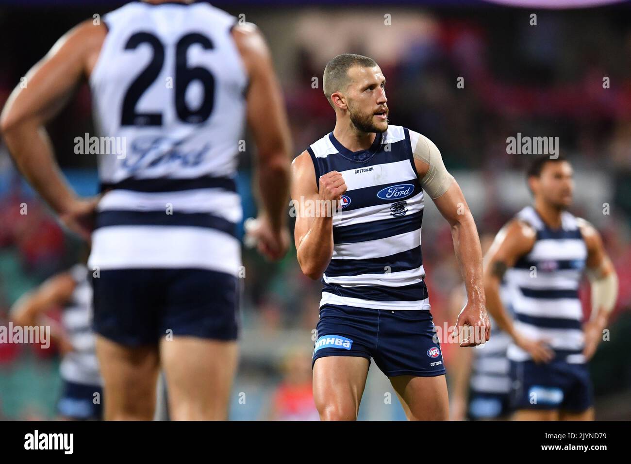 Sam Menegola of the Cats celebrates a goal during the Round 7 AFL match ...