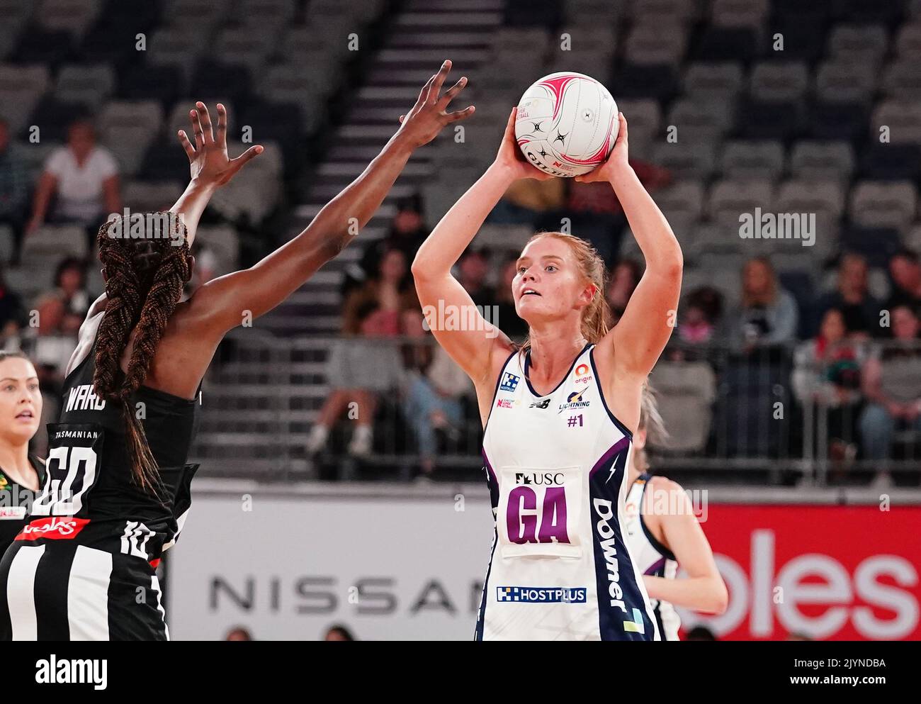 Steph Wood of the Lightning competes for the ball during the Round 1 ...