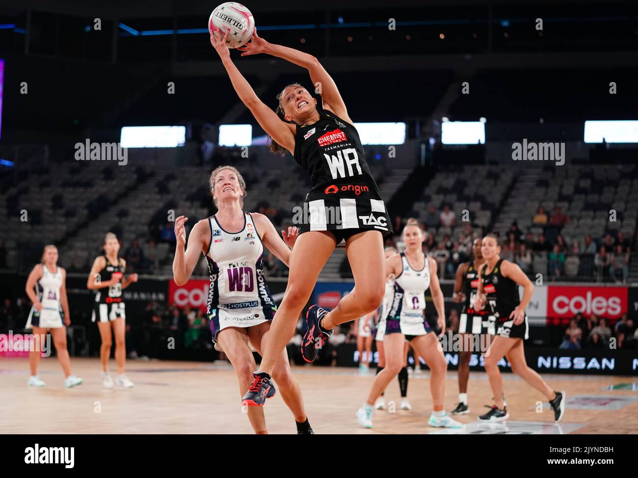 Molly Jovic of the Magpies competes for the ball during the Round 1 ...