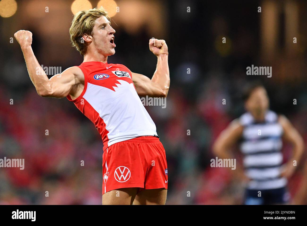 Dylan Stephens of the Swans celebrates his goal during the Round 7 AFL ...
