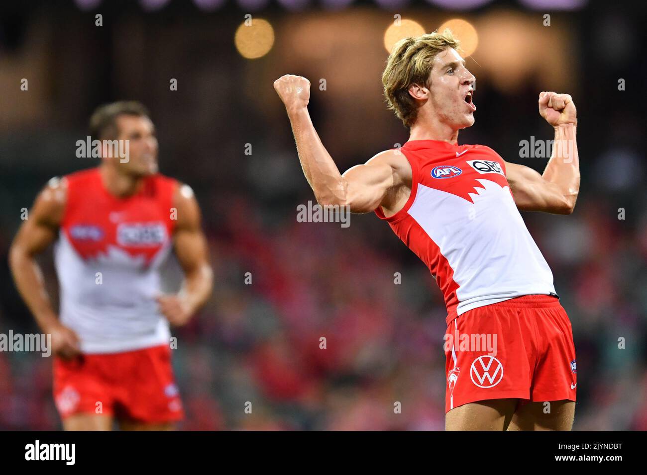 Dylan Stephens of the Swans celebrates his goal during the Round 7 AFL ...