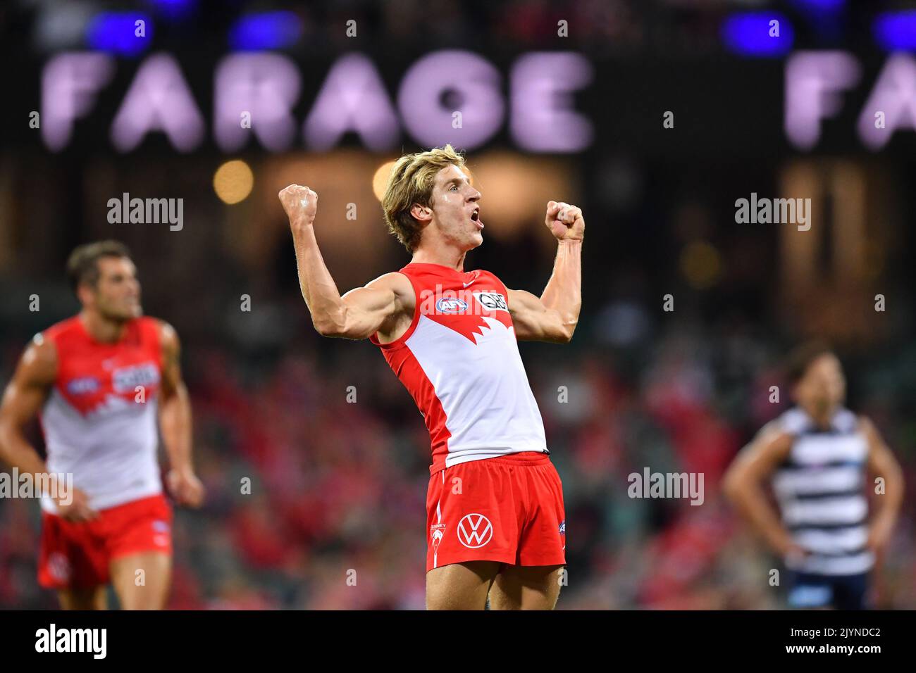 Dylan Stephens of the Swans celebrates his goal during the Round 7 AFL ...