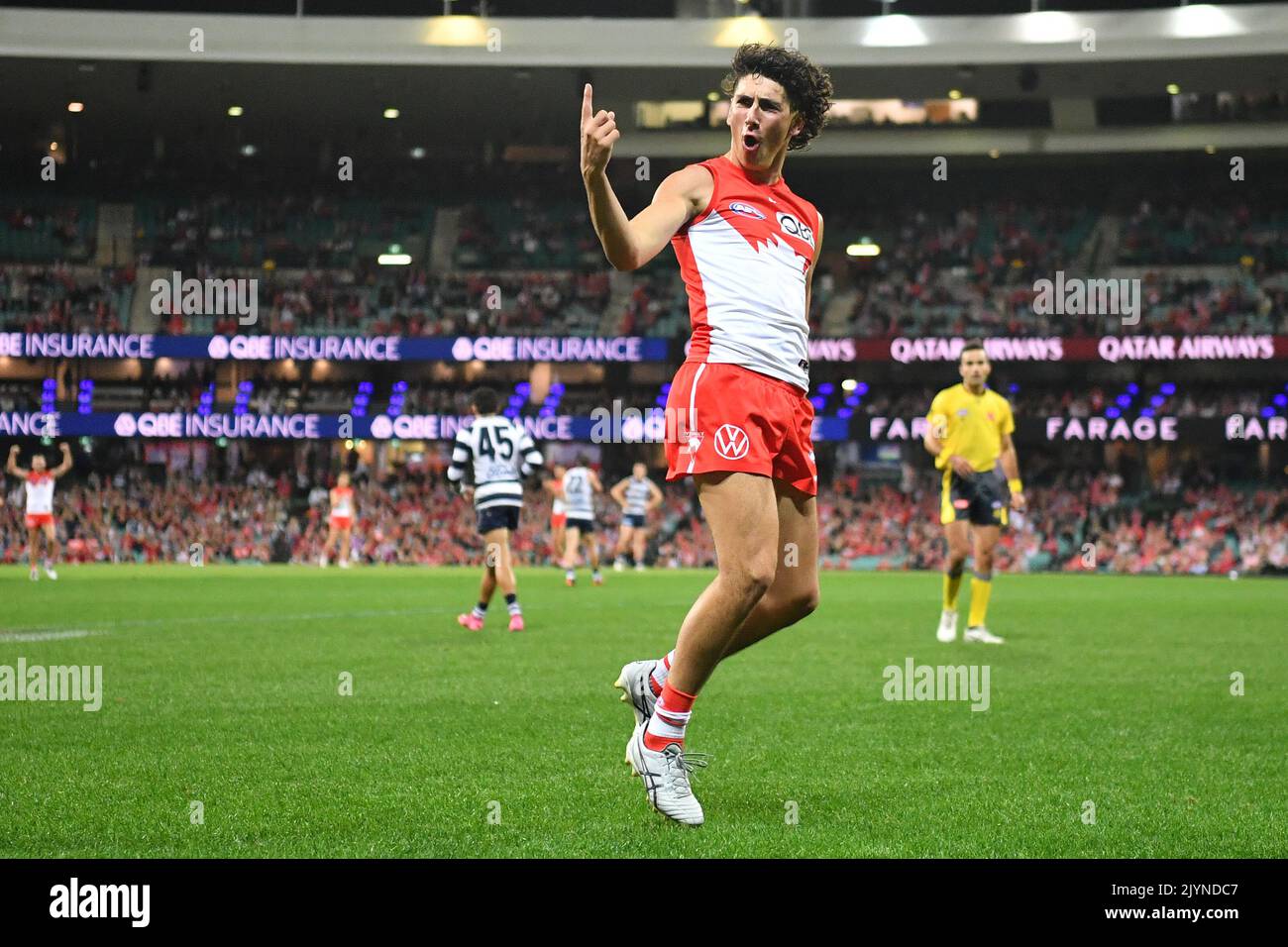 Justin McInerney of the Swans celebrates his goal during the Round 7 ...