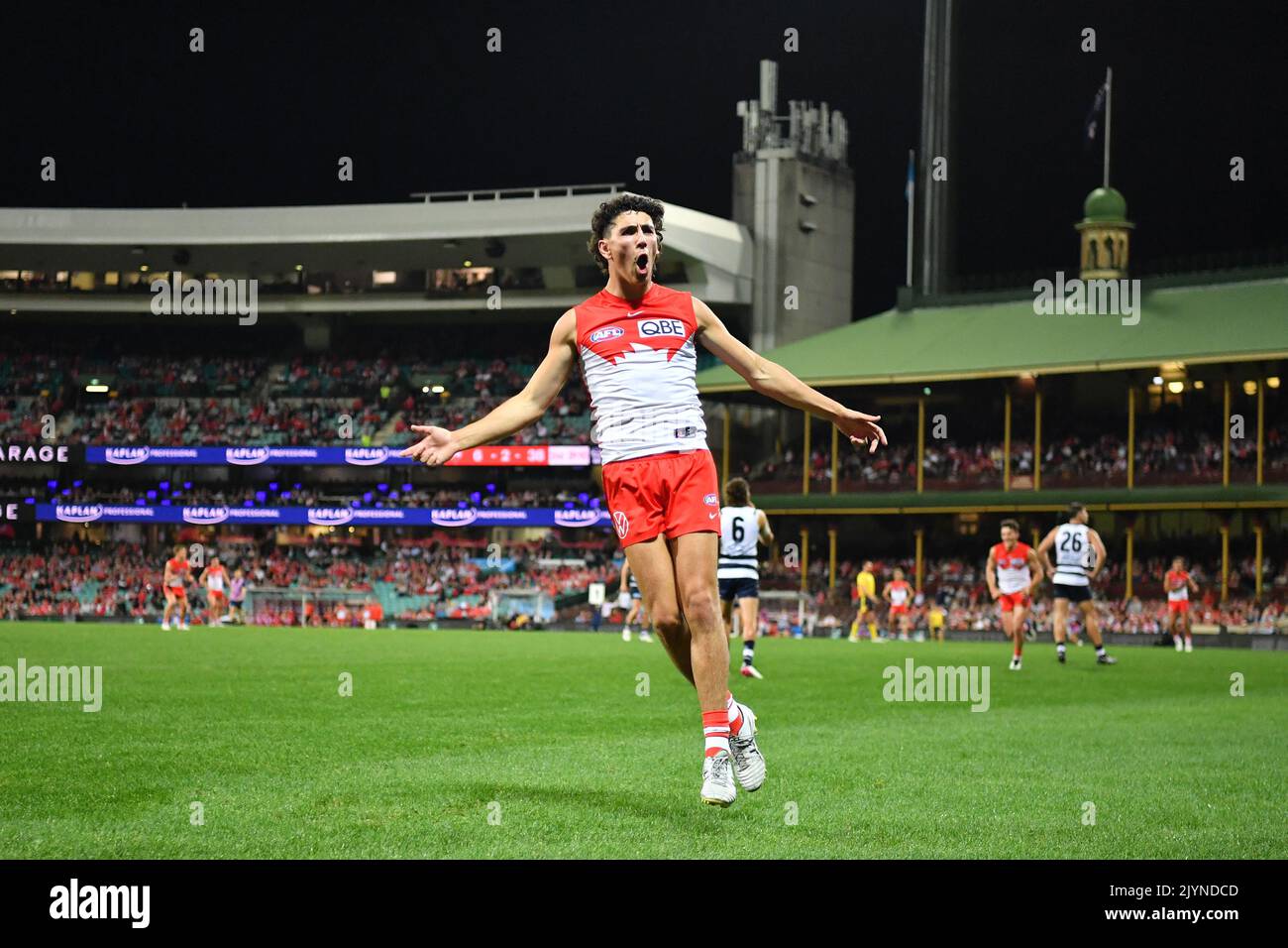Justin McInerney of the Swans celebrates his goal during the Round 7 ...