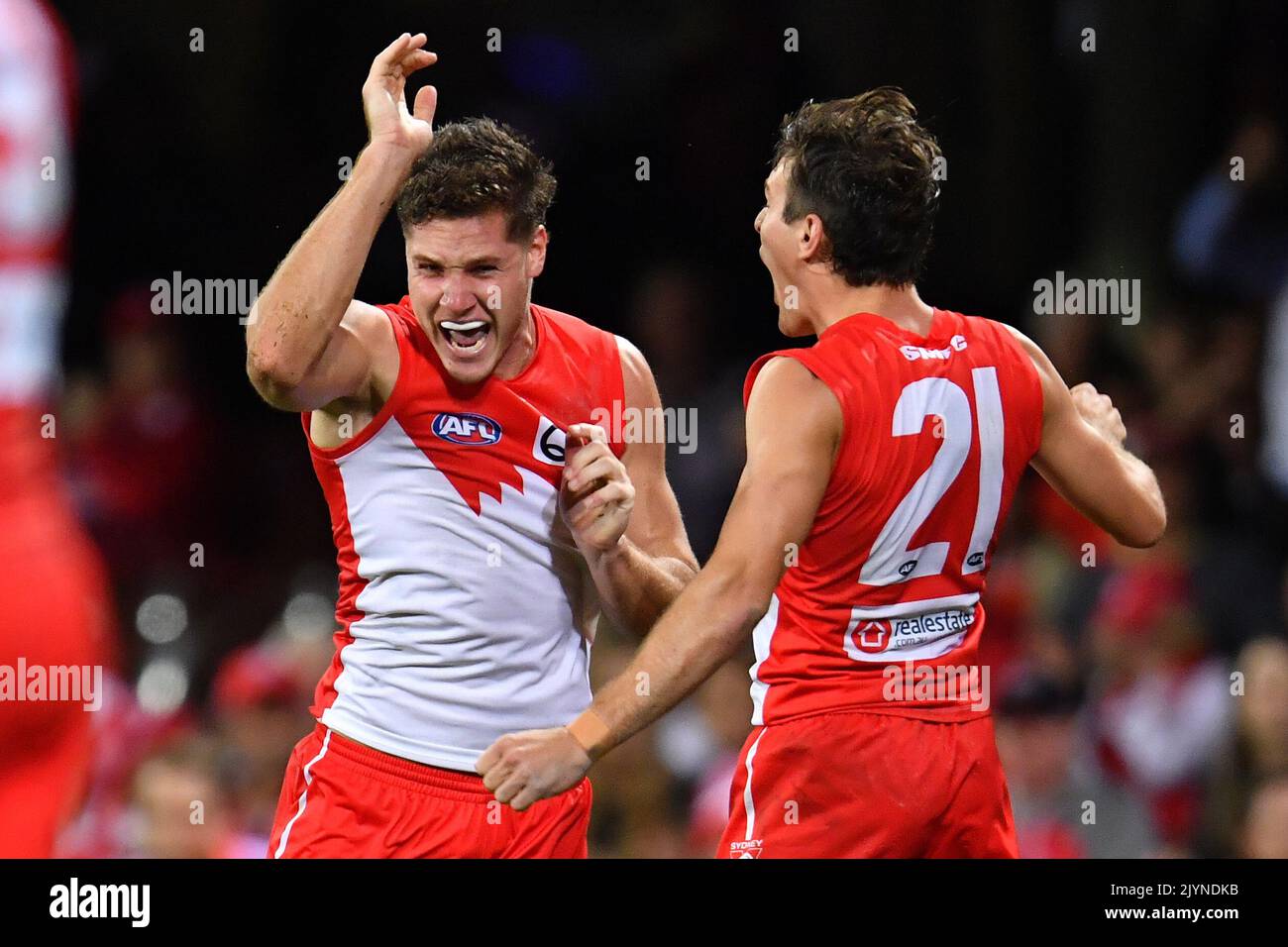 Hayden McLean of the Swans celebrates after scoring a goal during the ...