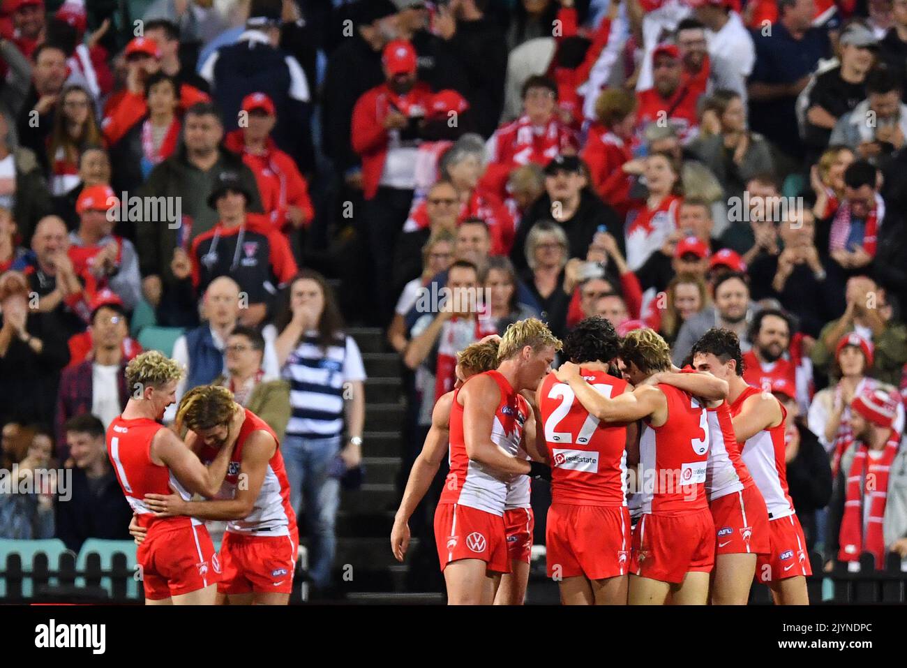 The Swans celebrate after defeating the Cats during the Round 7 AFL ...