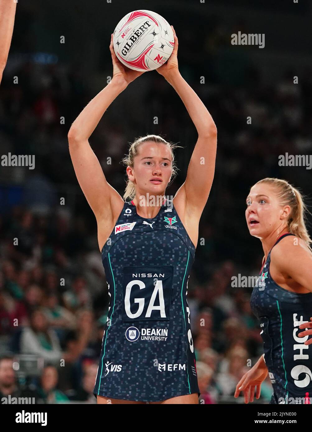 Ruby Barkmeyer of the Vixens competes for the ball during the Round 1 ...