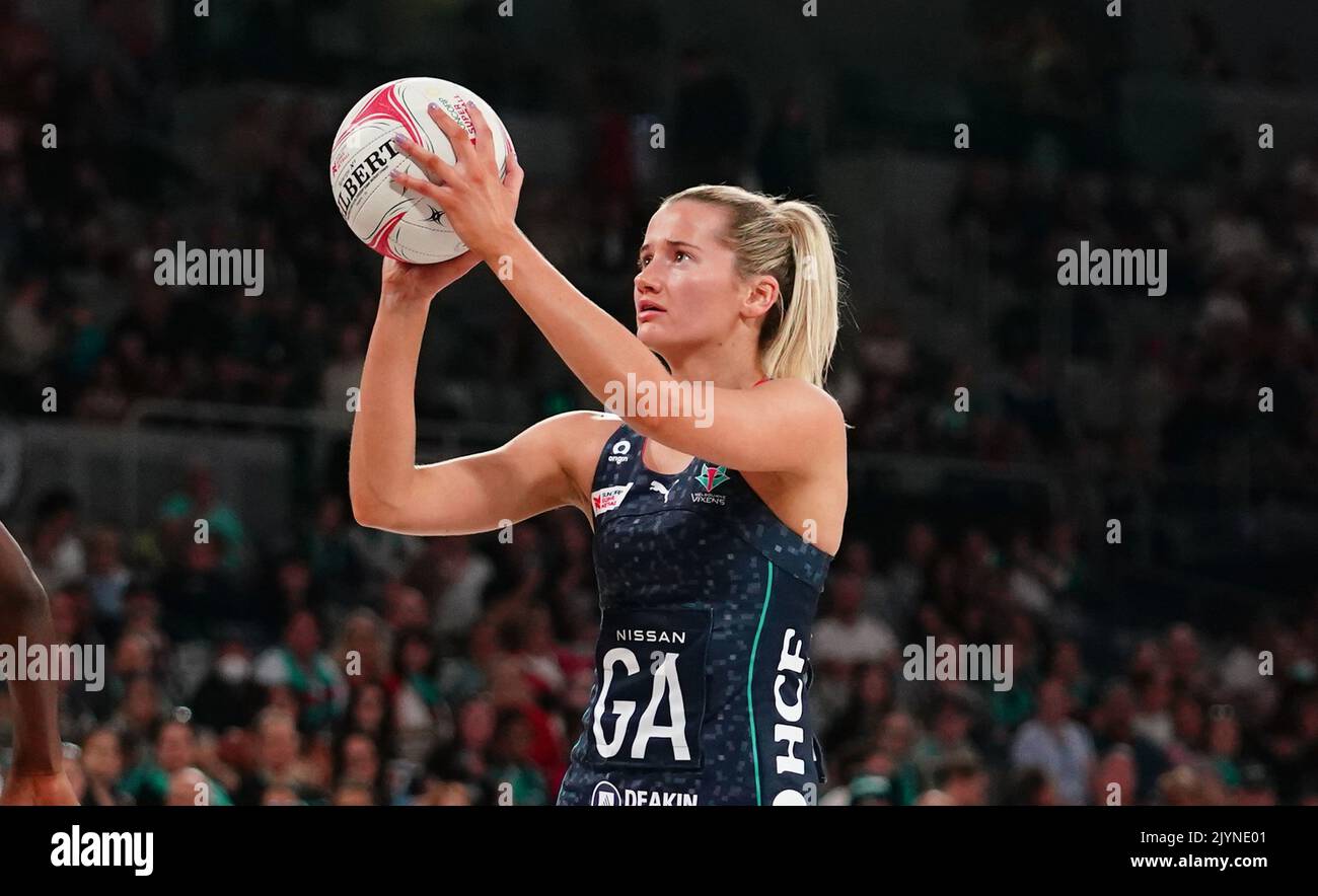 Ruby Barkmeyer of the Vixens competes for the ball during the Round 1 ...