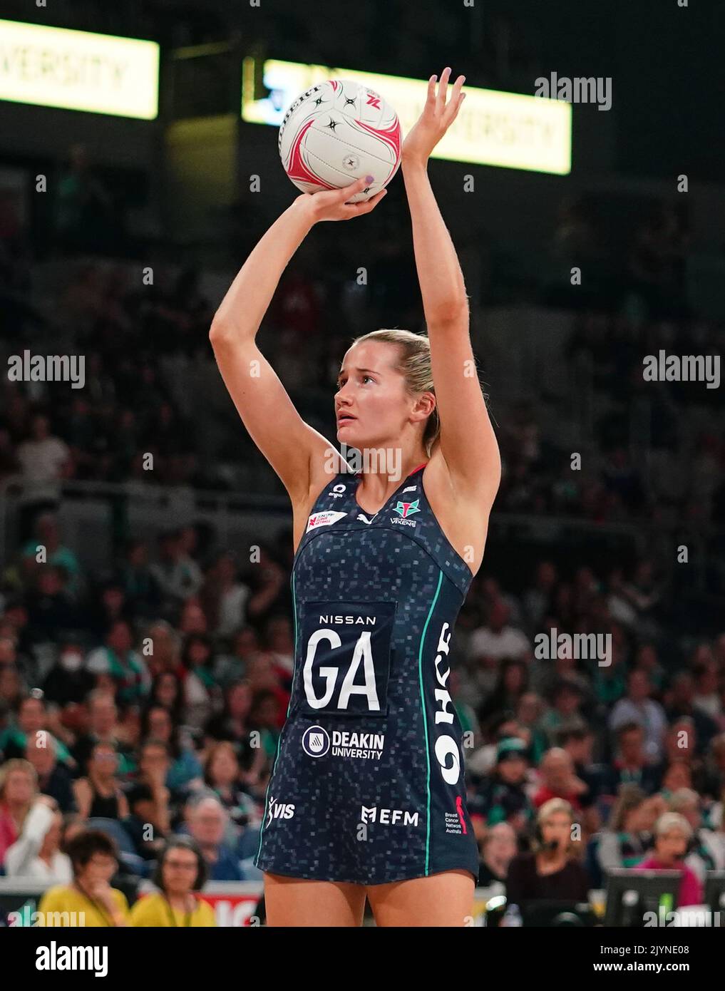 Ruby Barkmeyer of the Vixens competes for the ball during the Round 1 ...