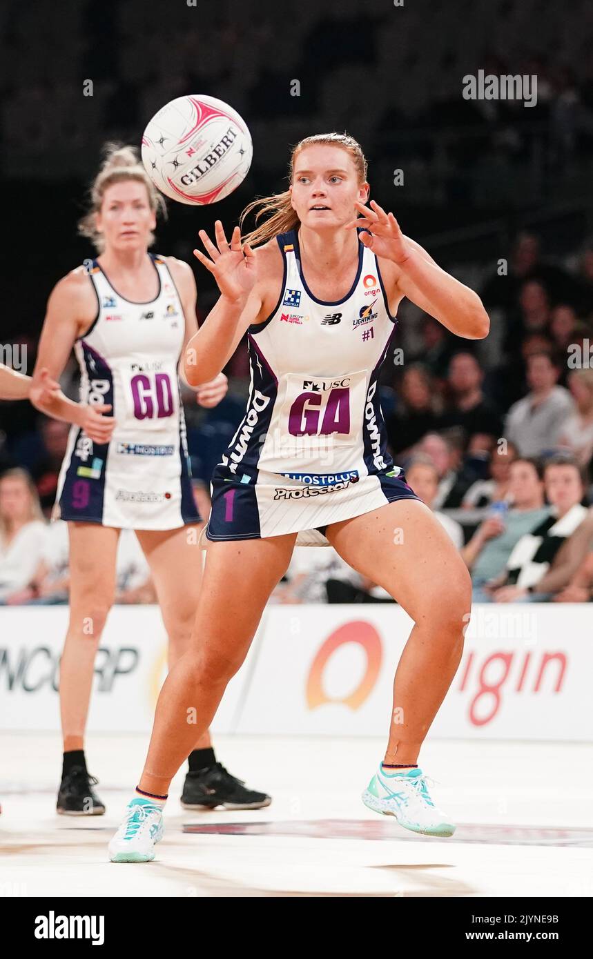 Steph Wood of the Lightning competes for the ball during the Round 1 ...