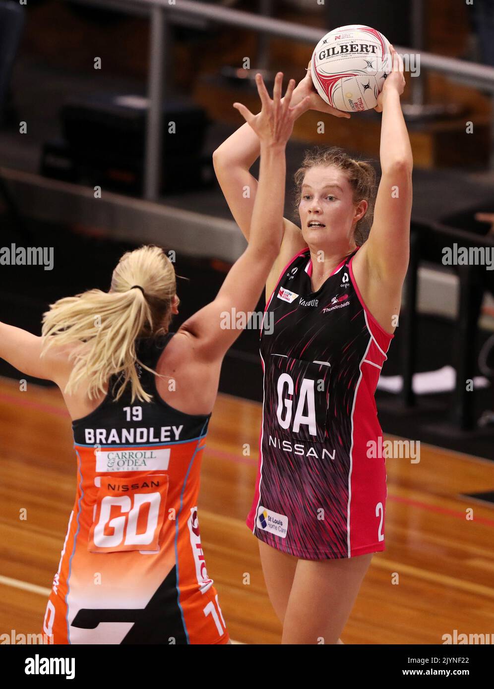 Samantha Gooden of the Adelaide Thunderbirds and April Brandley of the ...