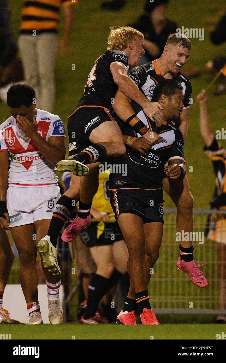 Joseph Leilua of the Tigers celebrates his try with his team mates ...