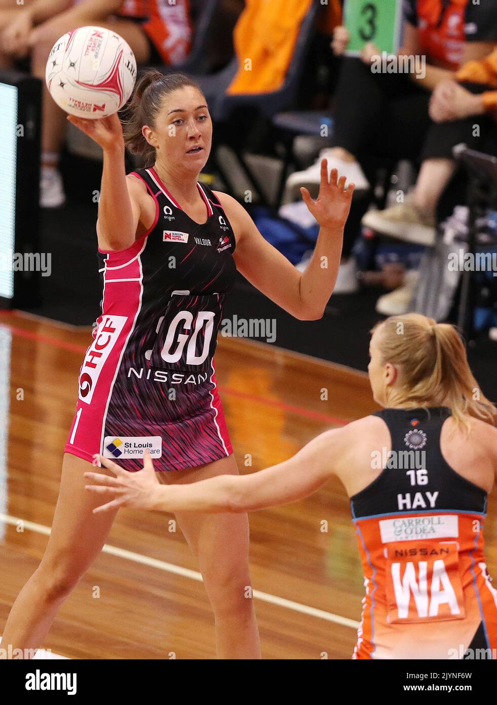 Matilda Garrett of the Adelaide Thunderbirds and Maddie Hay of the ...