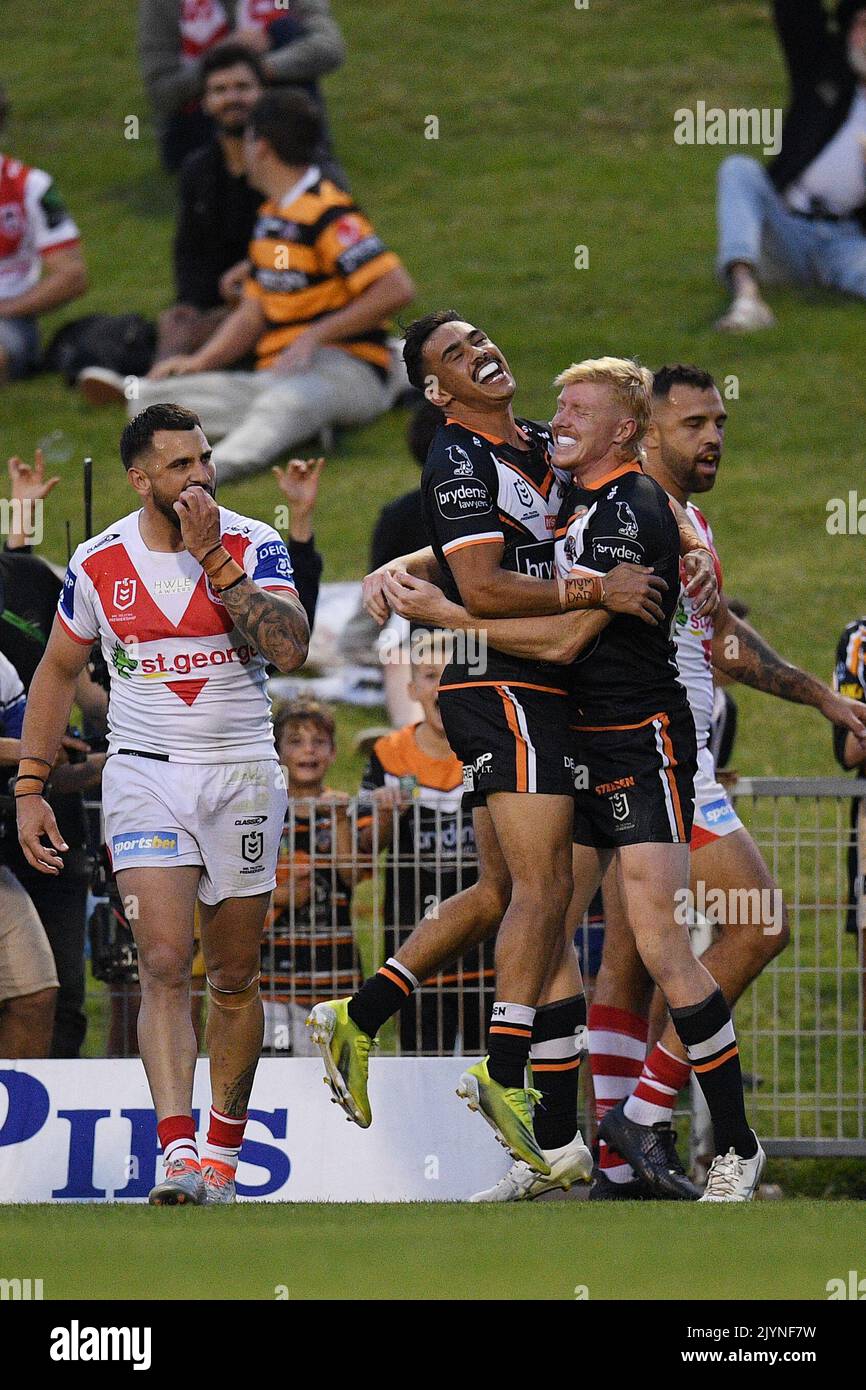 Zac Cini of the Tigers celebrates after scoring a try on debut during ...
