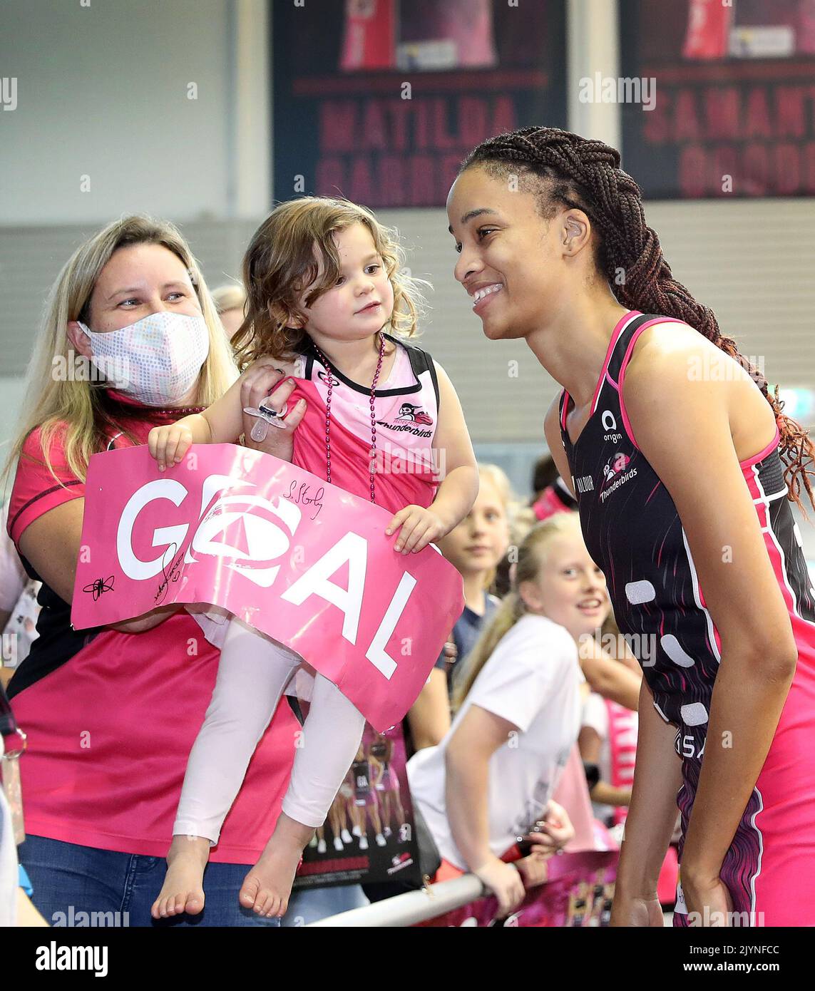 Shamera Sterling of the Adelaide Thunderbirds meets a young fan after ...