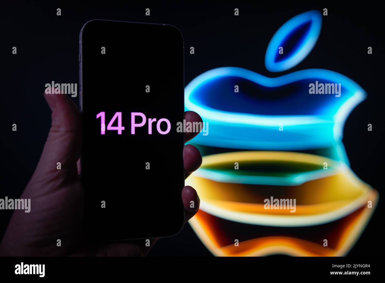 Warsaw, Poland. 07th Sep, 2022. The Apple logo and the iPhone 14 logo ...