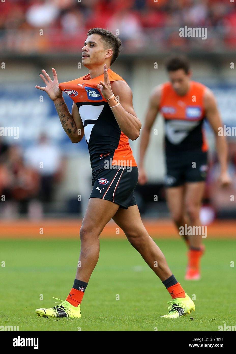 Bobby Hill of the Giants celebrates kicking a goal during the Round 8 ...