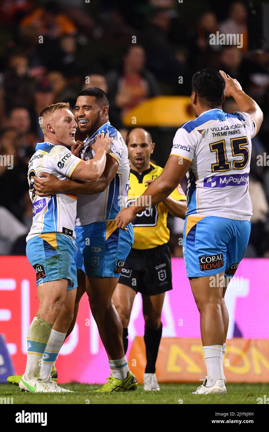 Tanah Boyd of the Titans celebrates after scoring a try during the ...