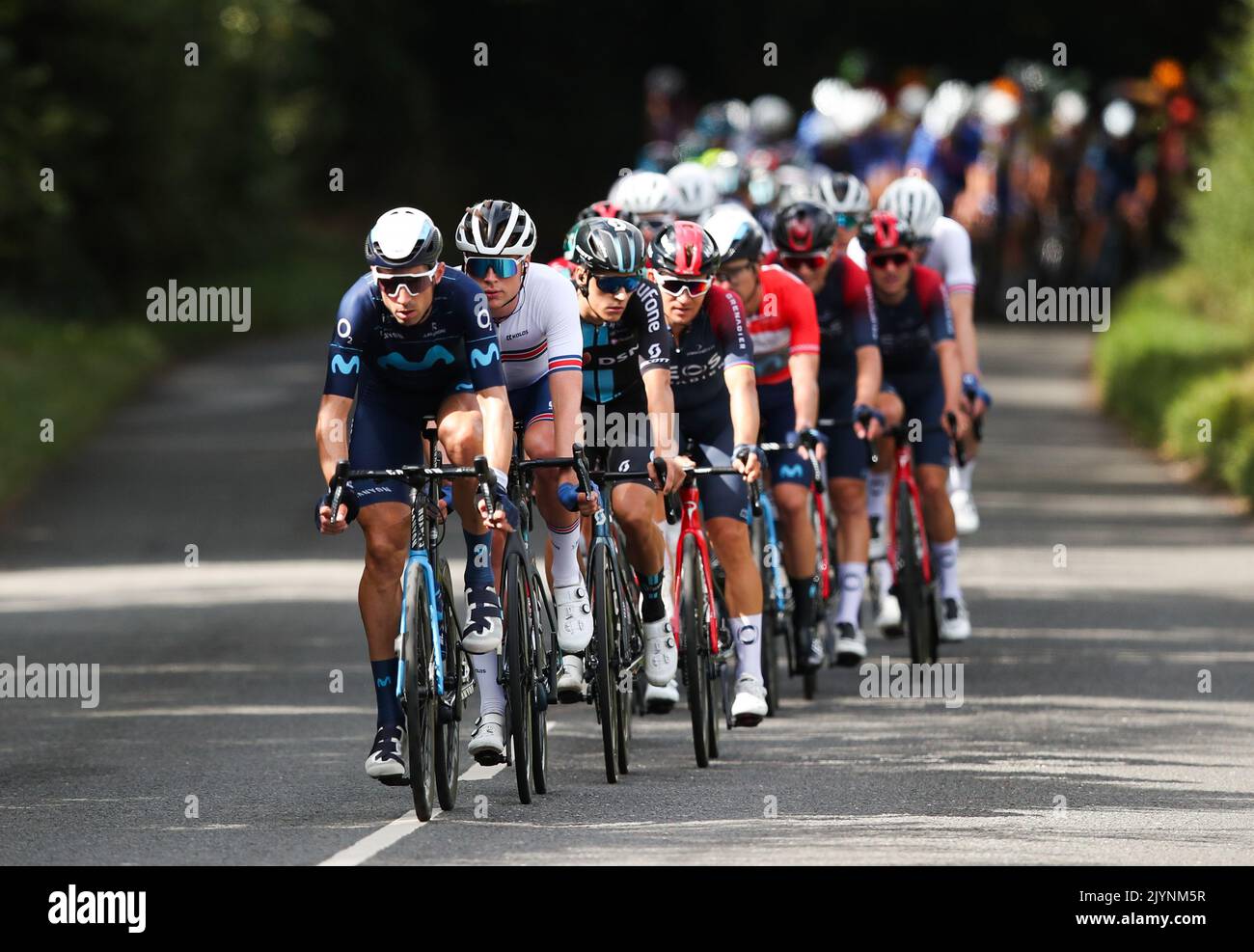 Team Movistar leading the peloton during stage five of the AJ Bell Tour ...